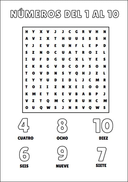 Printable Word Search about Numbers in Spanish from 1 to 10 | Spanish Level